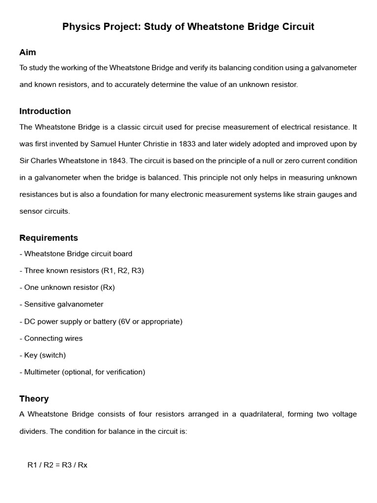 Physics Project: Study of Wheatstone Bridge Circuit | PDF | Resistor | Quantity