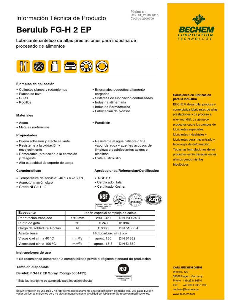 Bechem Berulub FG H 2 EP Es | PDF | Lubricante | Rodamiento (Mecánico)