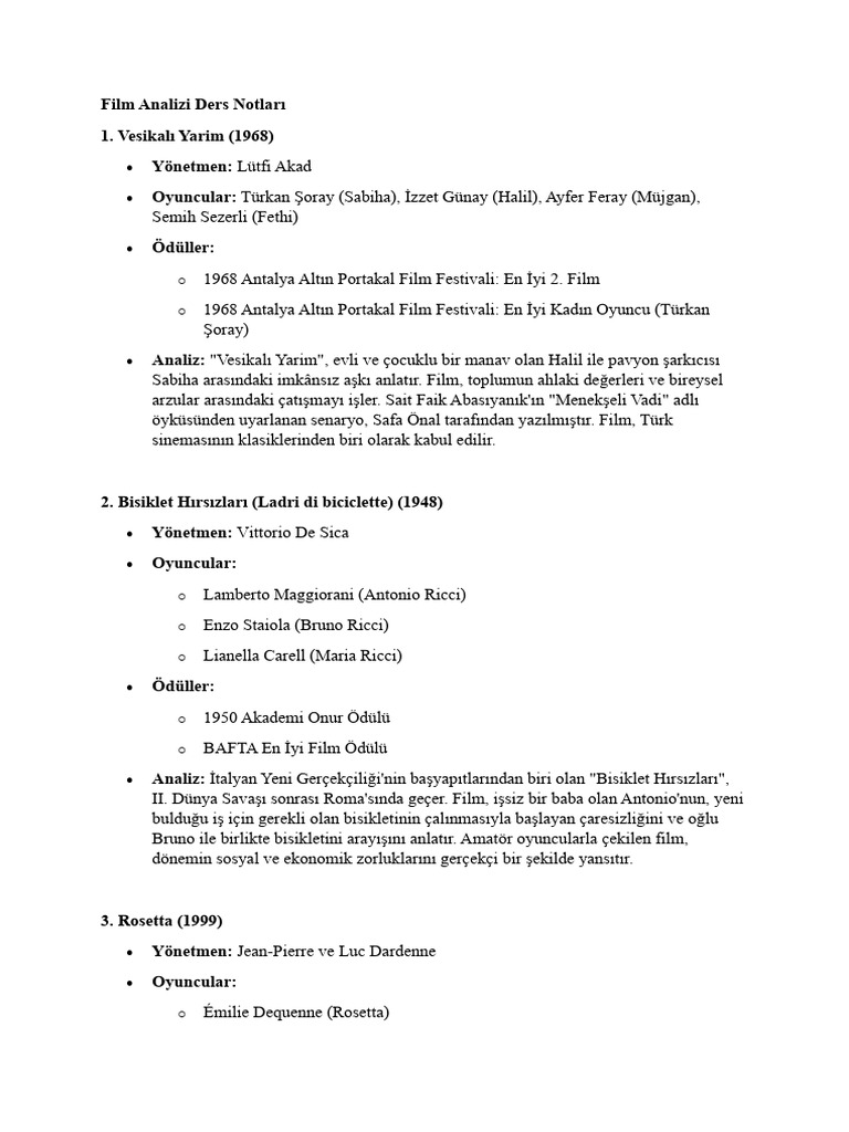 Film Analizi Kısa Notlar (Final) | PDF