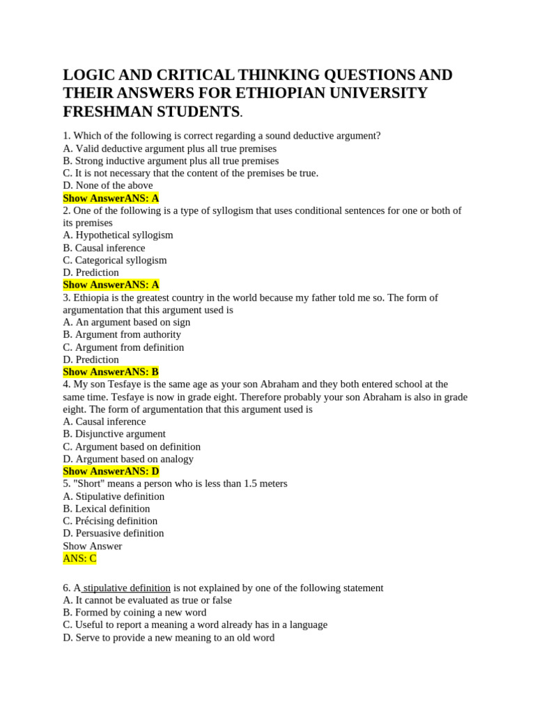 Logic and Critical Thinking Questions and Their Answers For Ethiopian ...