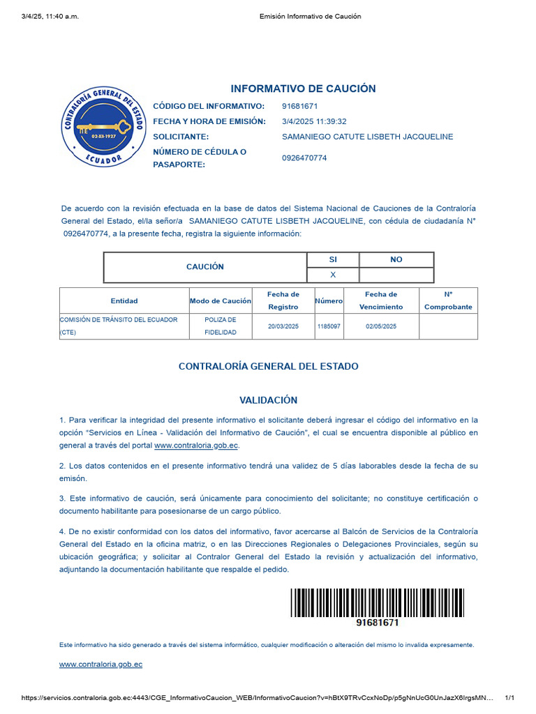 Emisión Informativo de Caución | PDF