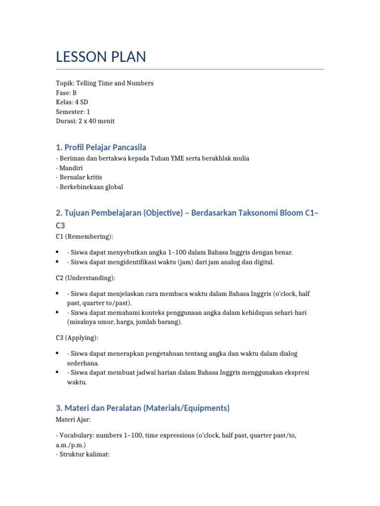 Lesson Plan Telling Time and Numbers Kelas4 | PDF