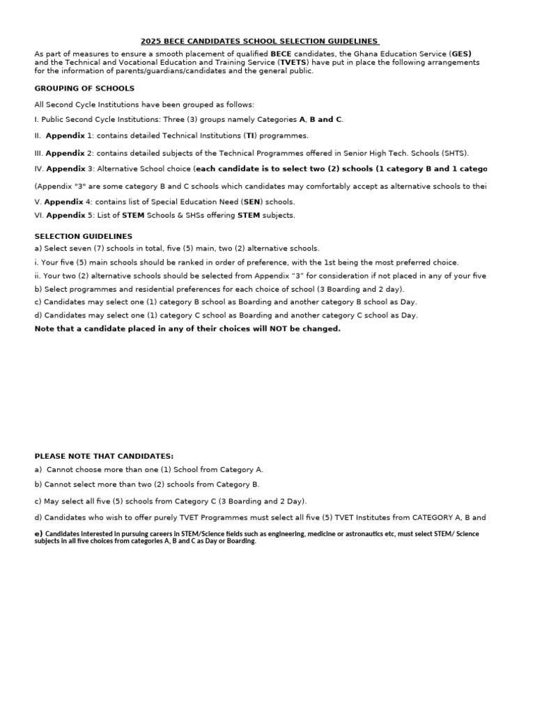 2025 BECE School Selection Guidelines | PDF | Learning | Vocational ...