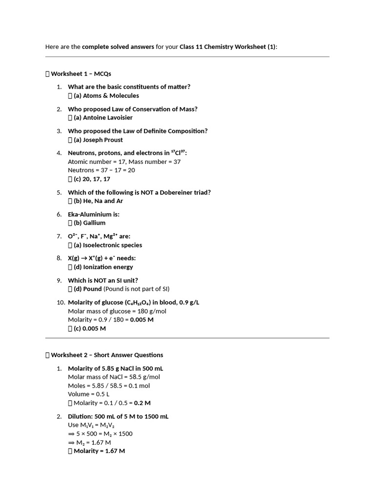 Class 11 Chemistry Answer Key | PDF | Mole (Unit) | Atomic Orbital