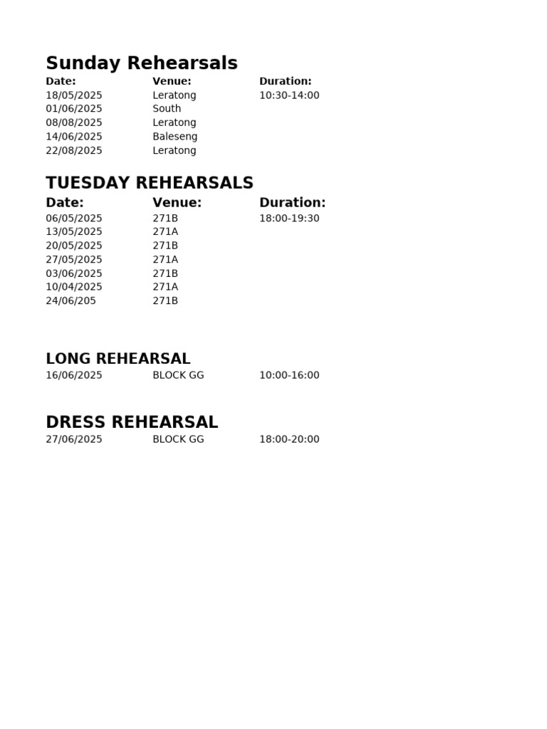 2025 Rehearsal Schedule Overview | PDF