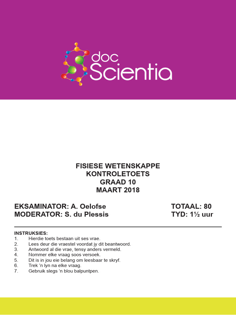 Graad 10 - Fisiese Wetenskap - Kontrole Toets - Maart 2018 - (Doc Scientia) | PDF