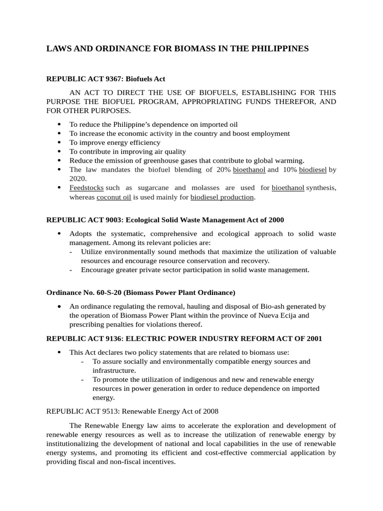 Laws and Ordinance For Biomass in The Philippines | PDF | Biofuel ...