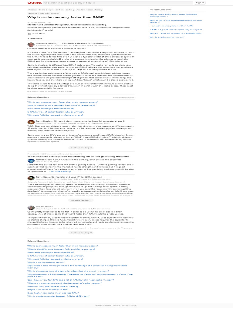 Why Is Cache Memory Faster Than RAM - Quora | PDF | Random Access Memory | Cpu Cache