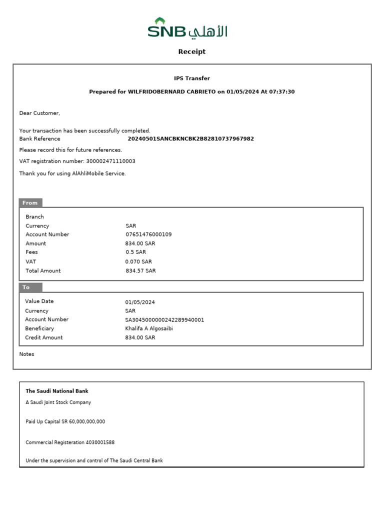 Transfer Receipt | PDF