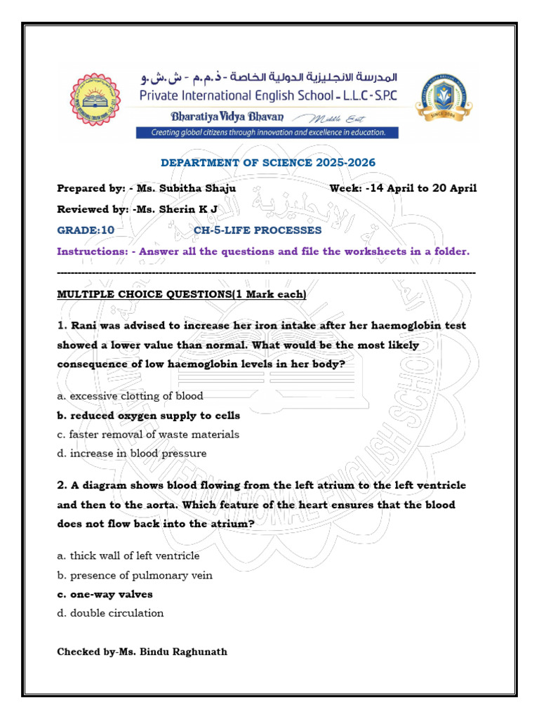 Assessment MS 10 (2) - (2025-26) | PDF | Blood Pressure | Circulatory System
