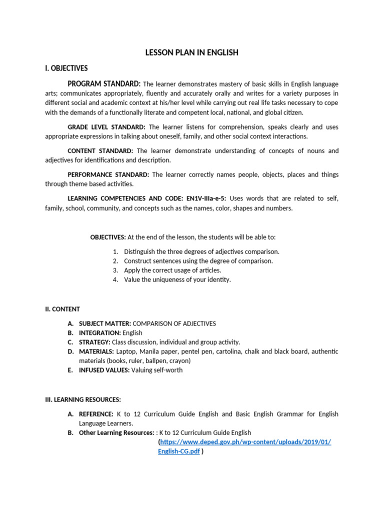 Lesson Plan: Comparison of Adjectives | PDF | English Language | Learning
