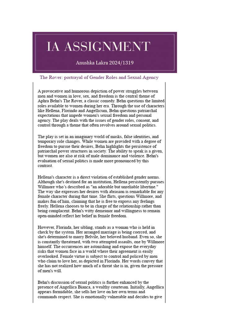 The Rover Portrayal of Gender Roles and Sexual Agency | PDF | Gender ...