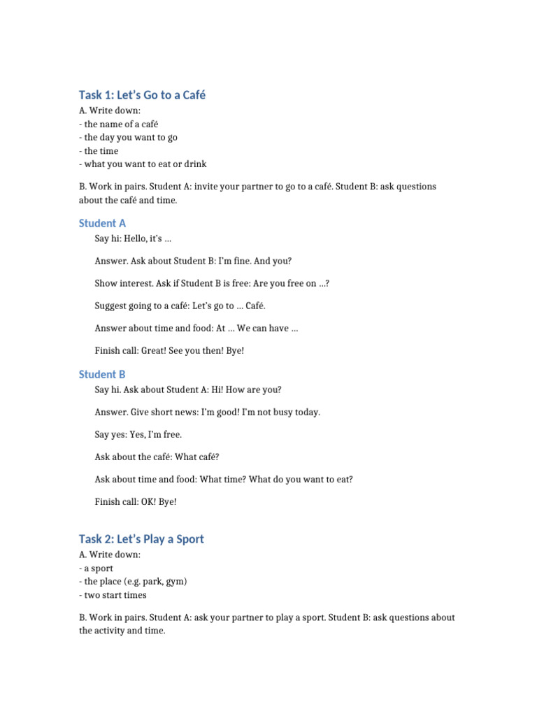A1 Tasks Cue Cards | PDF