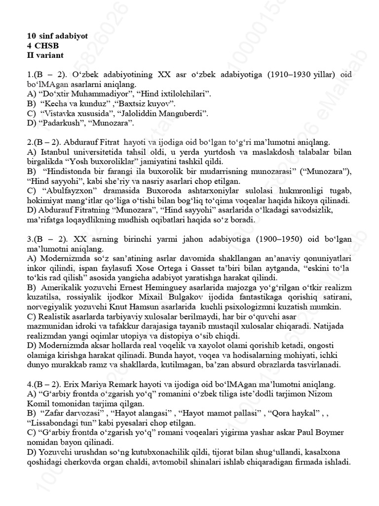 10-Sinf Adabiyot 4-Chorak 2-Variant | PDF