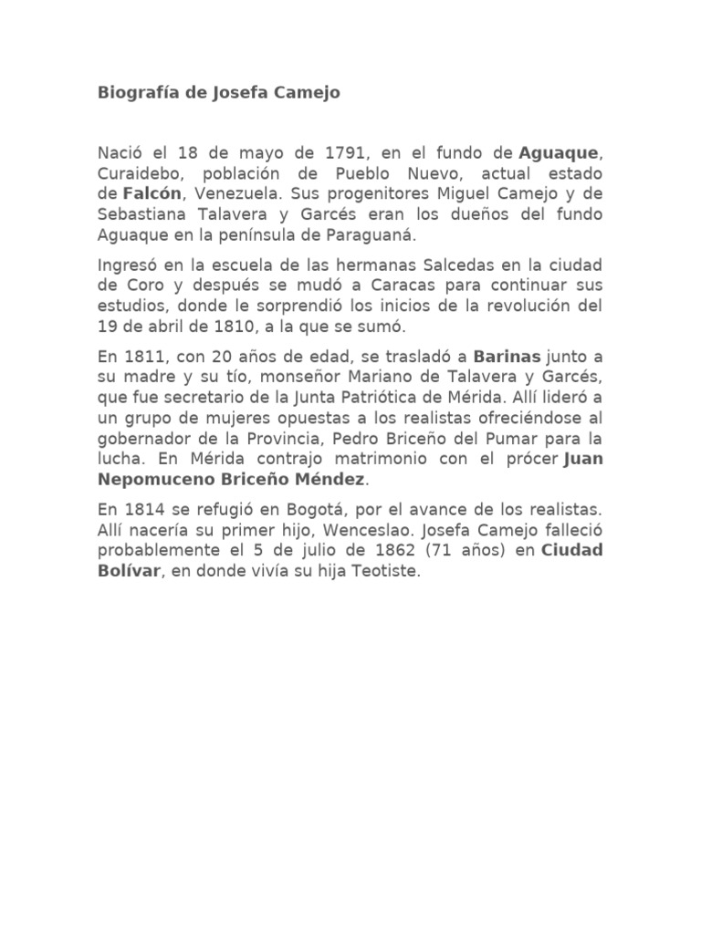 Biografía de Josefa Camejo y su familia | PDF