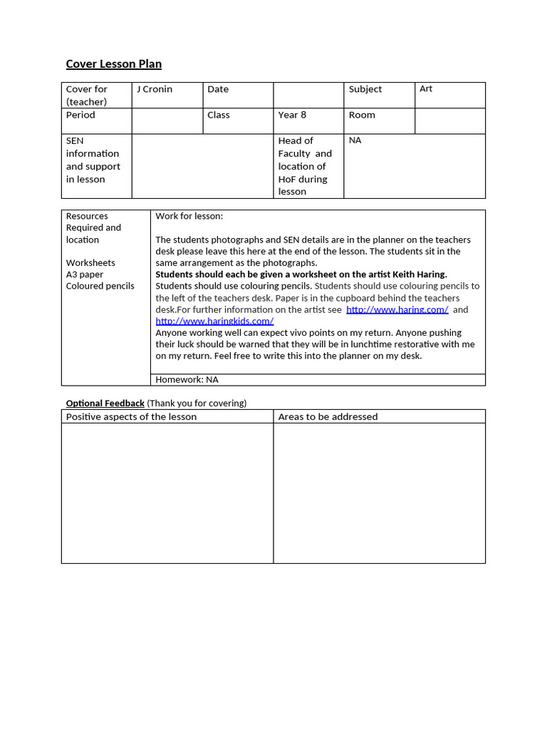 Cover Lesson Plan Keith Haring - Yr 8 | PDF