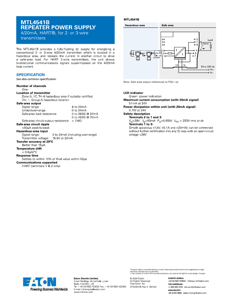 Crouse Hinds Mtl4541 B Repeater Power Supply Datasheet | PDF