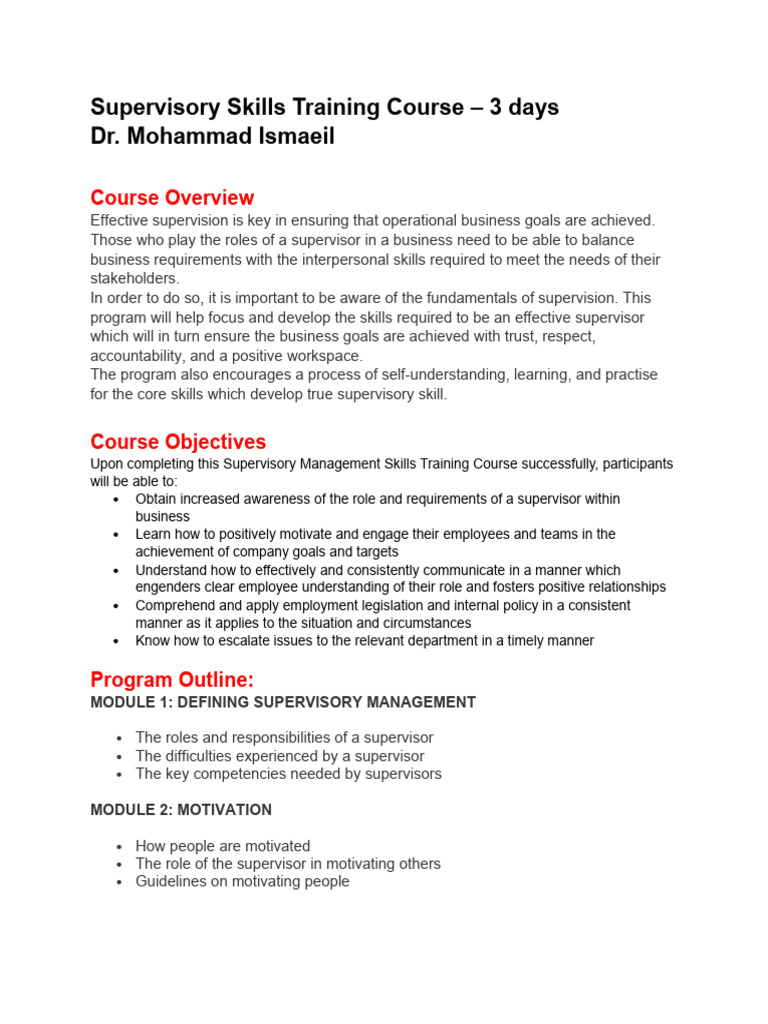 Supervisory Skills Training Course Outline | PDF | Social Psychology ...