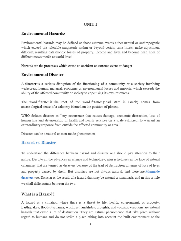 Disaster Management UNIT I Lecture Notes | PDF | Hazards | Natural ...