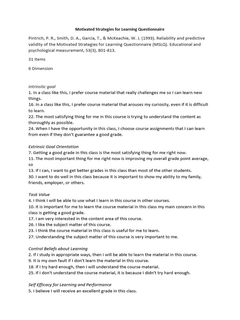 Motivated Strategies For Learning Questionnaire - 0 | PDF | Self ...