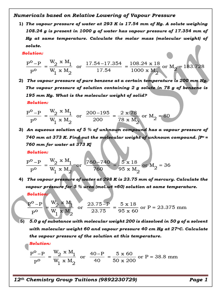 Vapour Pressure Numericals | PDF | Chemistry | Chemical Substances