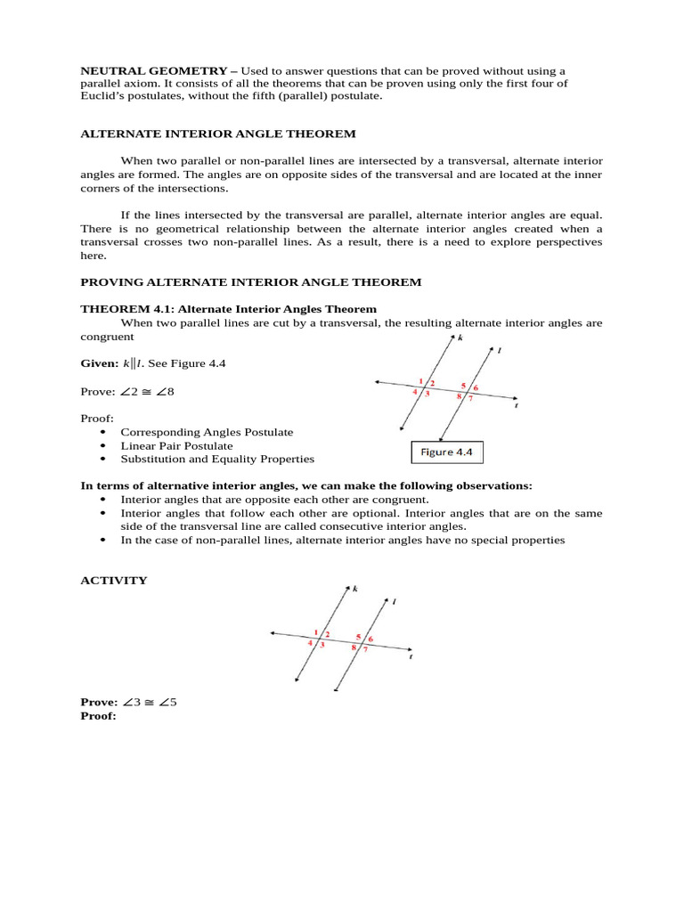 Alternate Interior Angle Theorem | PDF | Mathematics | Euclid