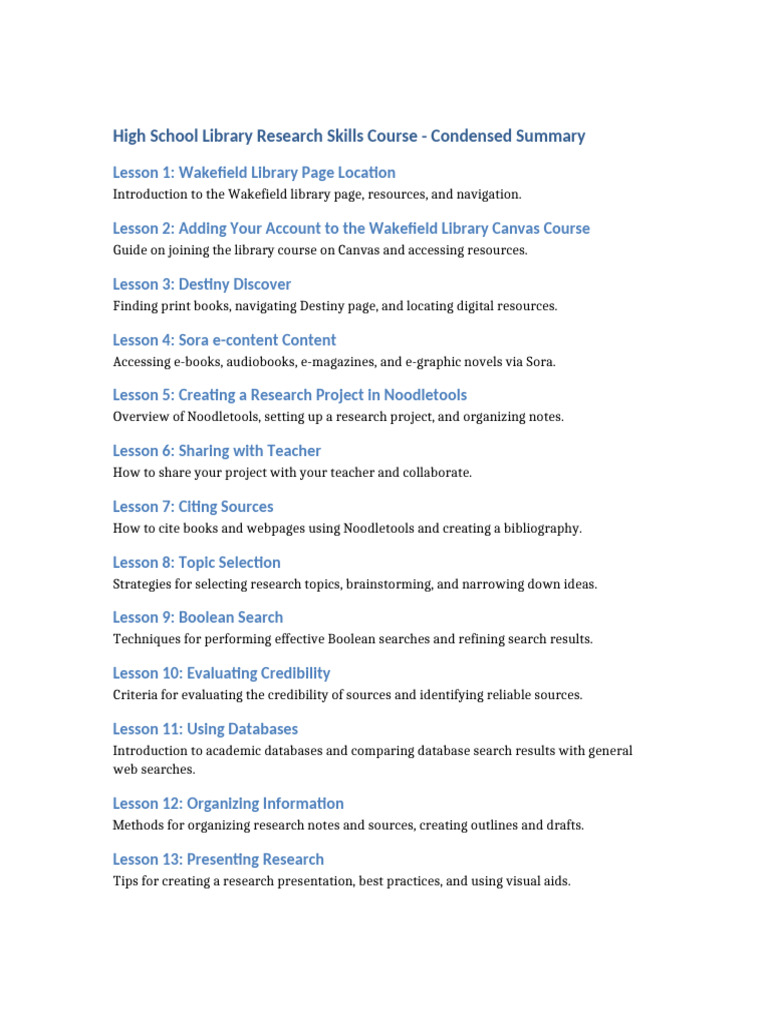 Condensed High School Library Research Skills Summary | PDF