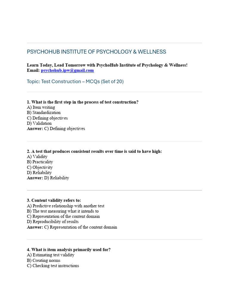 20 MCQ On Test Construction by PSYCHOHUB | PDF | Validity (Statistics ...