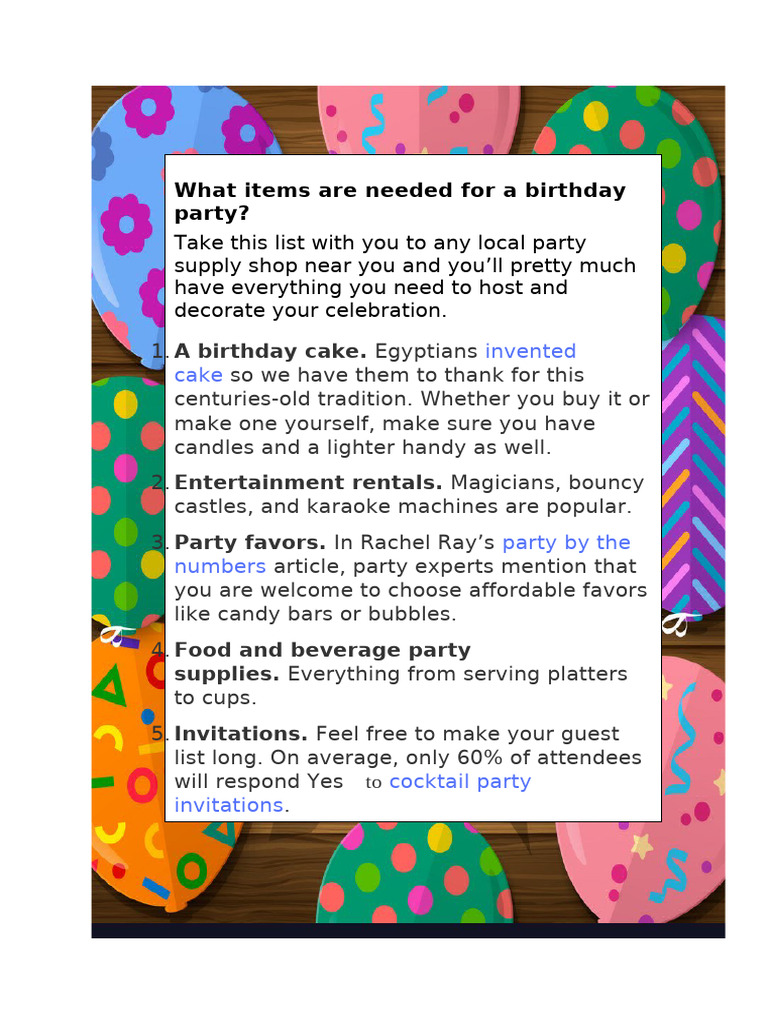 What Items Are Needed For A Birthday Party? | PDF