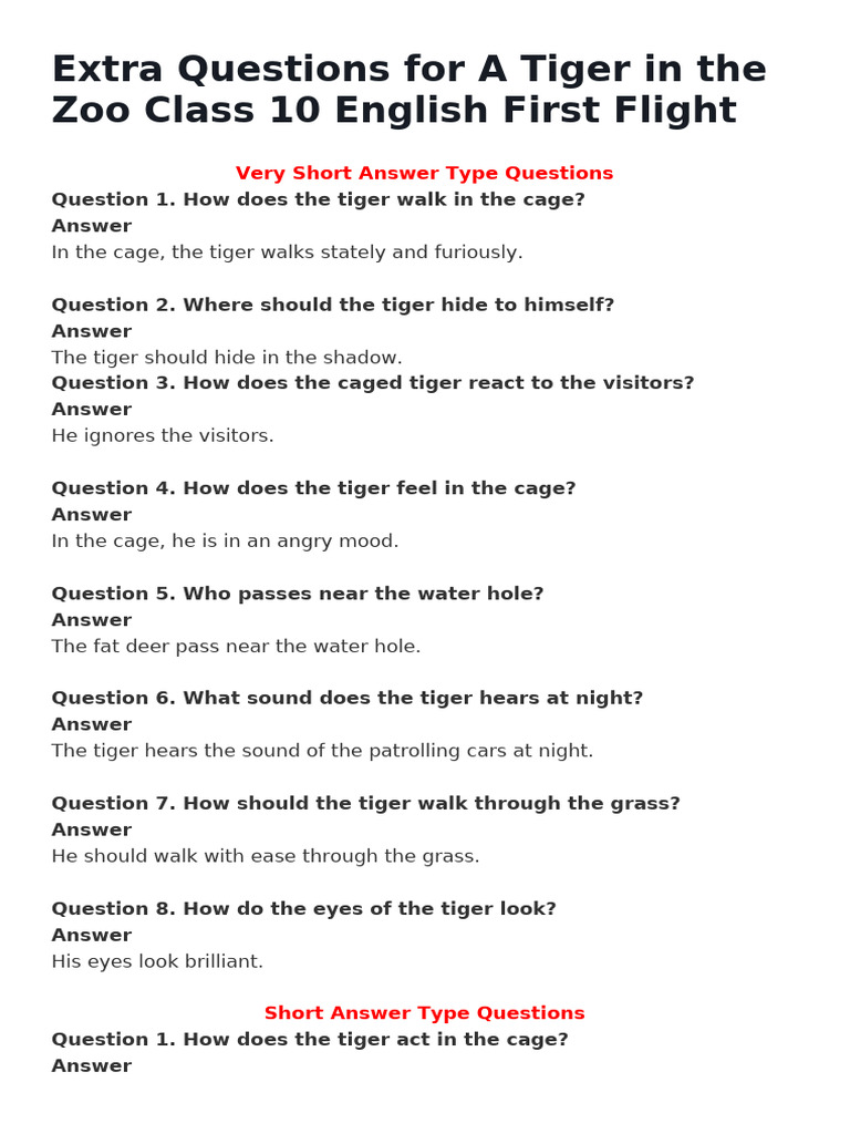 Class 10: A Tiger in the Zoo Questions | PDF | Tiger | Poaching