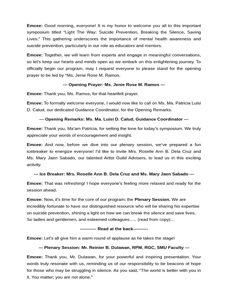 Suicide Prev. Month Symposium Emcee Script | PDF