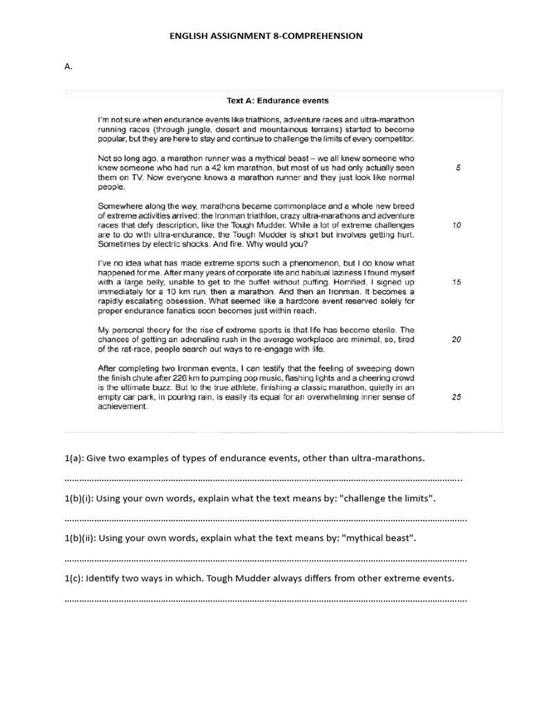 English Assignment 8-Comprehension | PDF