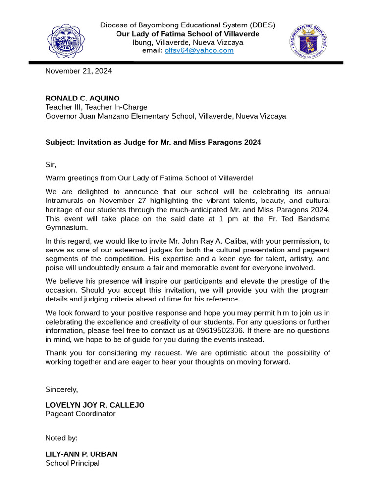 Letter of Invitation-Cultural and Pageant-Fatima Paragons | PDF
