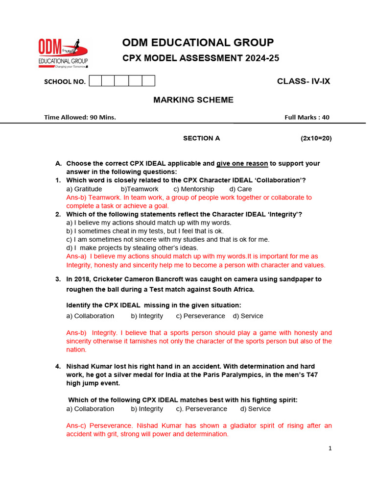 CPX Model Assessment for Classes IV-IX | PDF | Integrity | Mother Teresa