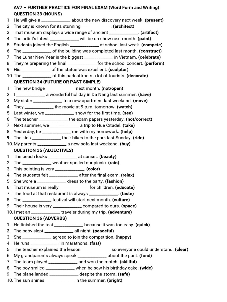 Av7 - Further Practice For Final Exam 2 (WF & Writing) | PDF