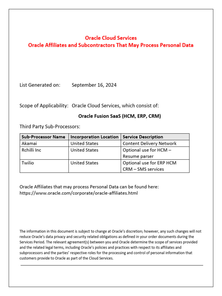 Oracle Fusion SaaS HCM ERP CRM - Subprocessors List September 16 2024 | PDF