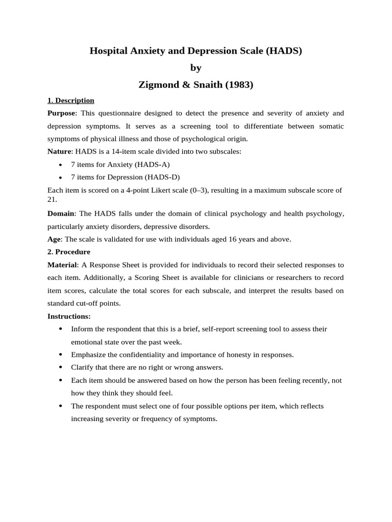 HADS: Hospital Anxiety & Depression Scale | PDF | Major Depressive ...