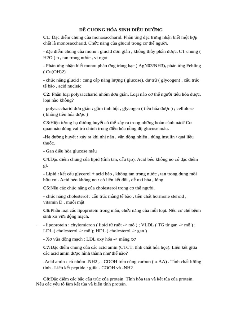 Đề Cương Hóa Sinh Điều Dưỡng C1 | PDF
