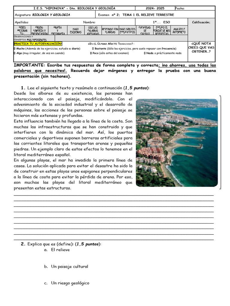 Control Tema 1 - El Relieve Terrestre | PDF | Tierra | Ciencias de la Tierra