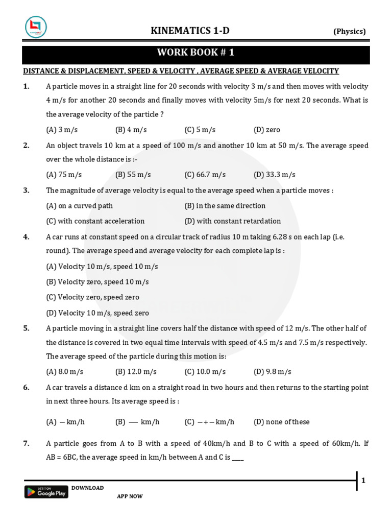 Work Book 1-9 - Kinematics 1D | PDF | Velocity | Speed