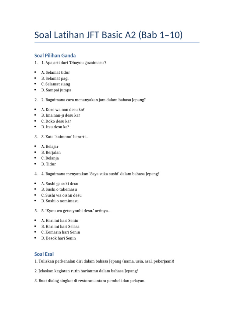 Soal - JFT - Basic - A2 - Bab1-10 - Lengkap Salinan Salinan | PDF
