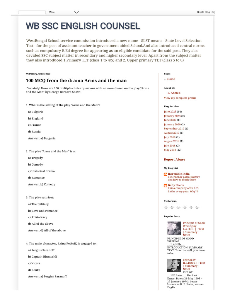 100 MCQs on "Arms and the Man" | PDF