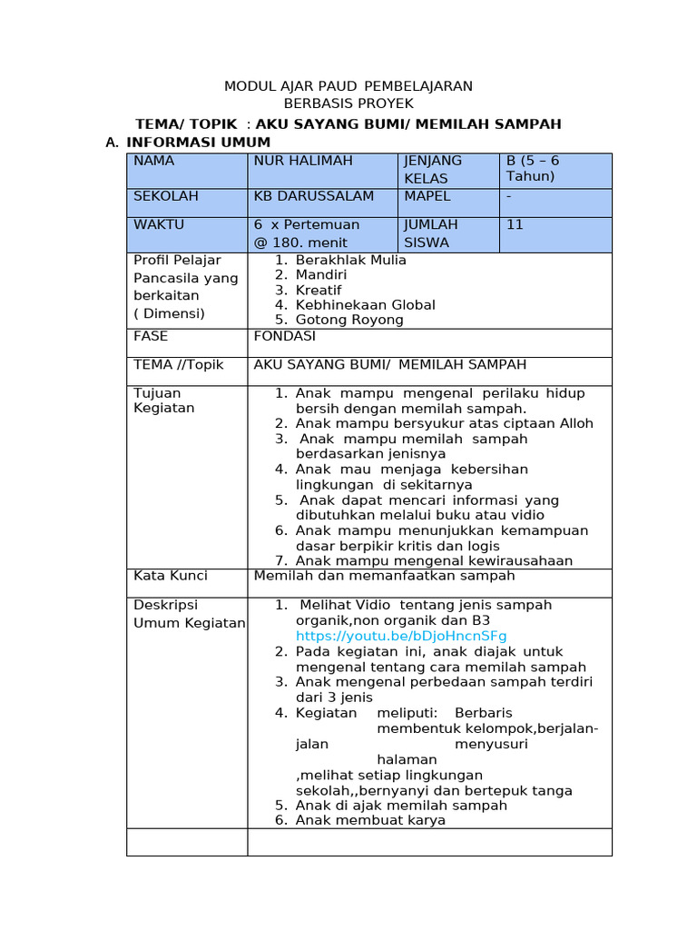 Modul Ajar PAUD: Memilah Sampah | PDF