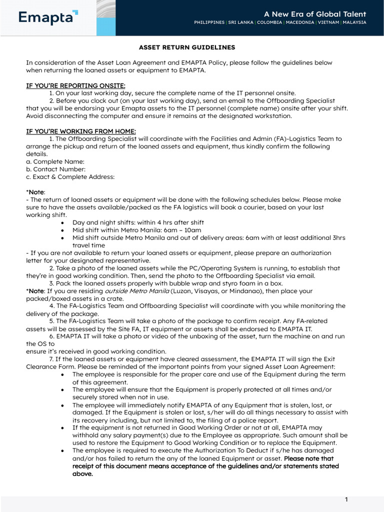 Asset Return Guidelines | PDF
