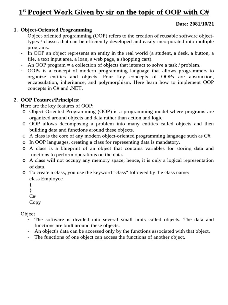 1st Project Work Given by Kiran Sir | PDF | Object Oriented Programming | Class (Computer ...