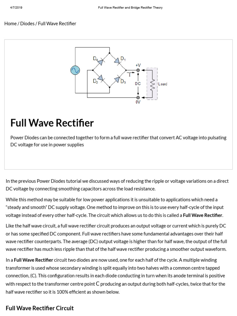 Full Wave and Bridge Rectifier Basics | PDF | Rectifier | Capacitor