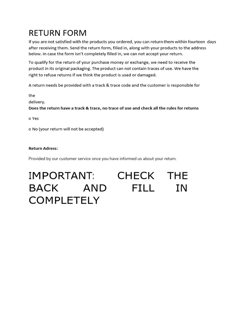 Returen Form 14 Days | PDF