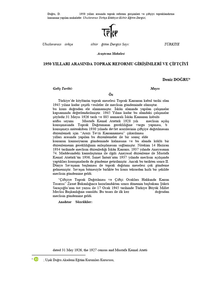 1923-1950 Yillari Arasinda Toprak Reformu G R Mler Ve FT y Topraklandirma Kanununa Yapilan ...