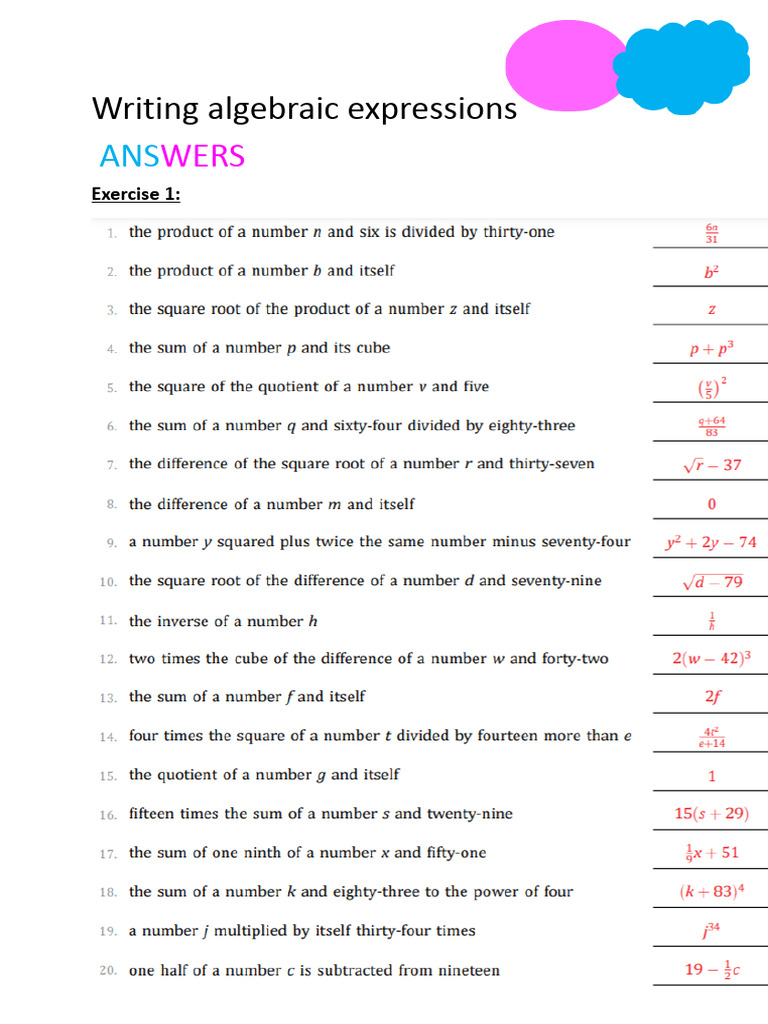Writing Algebraic Expressions Worksheet Inbetweenindepth ANSWERS | PDF