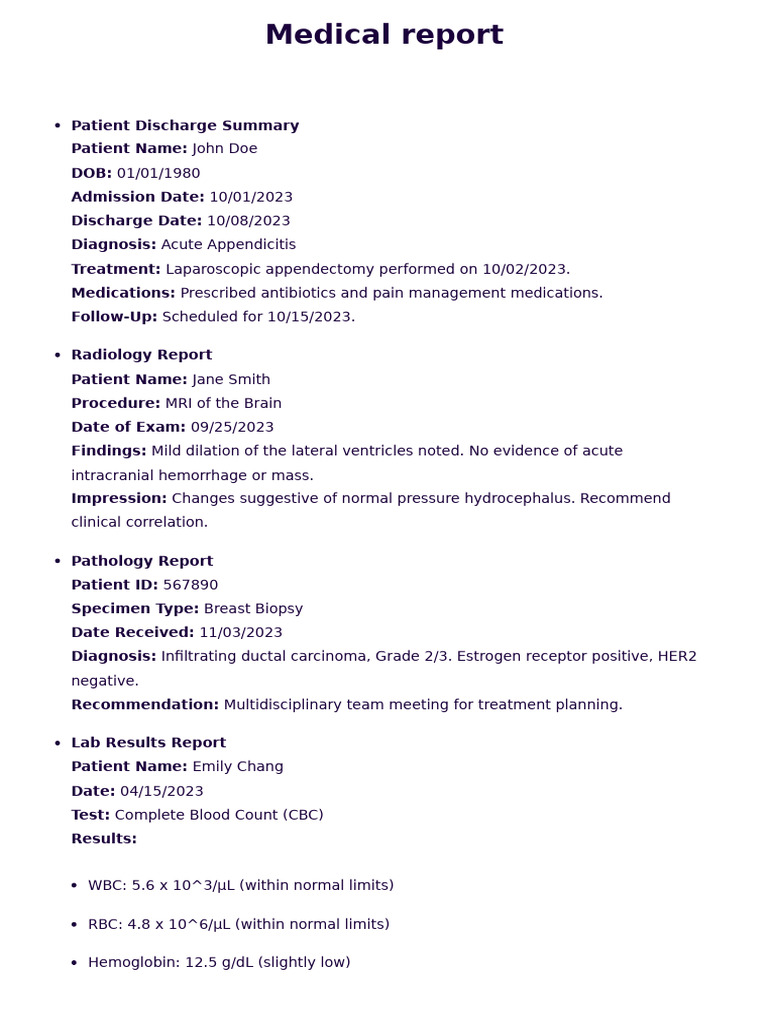 Comprehensive Medical Reports Summary | PDF